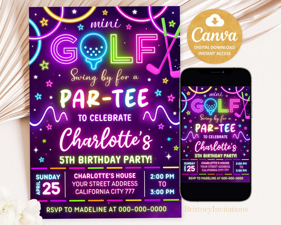 Editable Mini Golf Birthday Invitation, Mini Golf Invitation, Neon Mini ...
