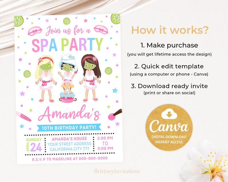 Editable Spa Party Invitation, Spa Birthday Invitation, Girl Spa ...