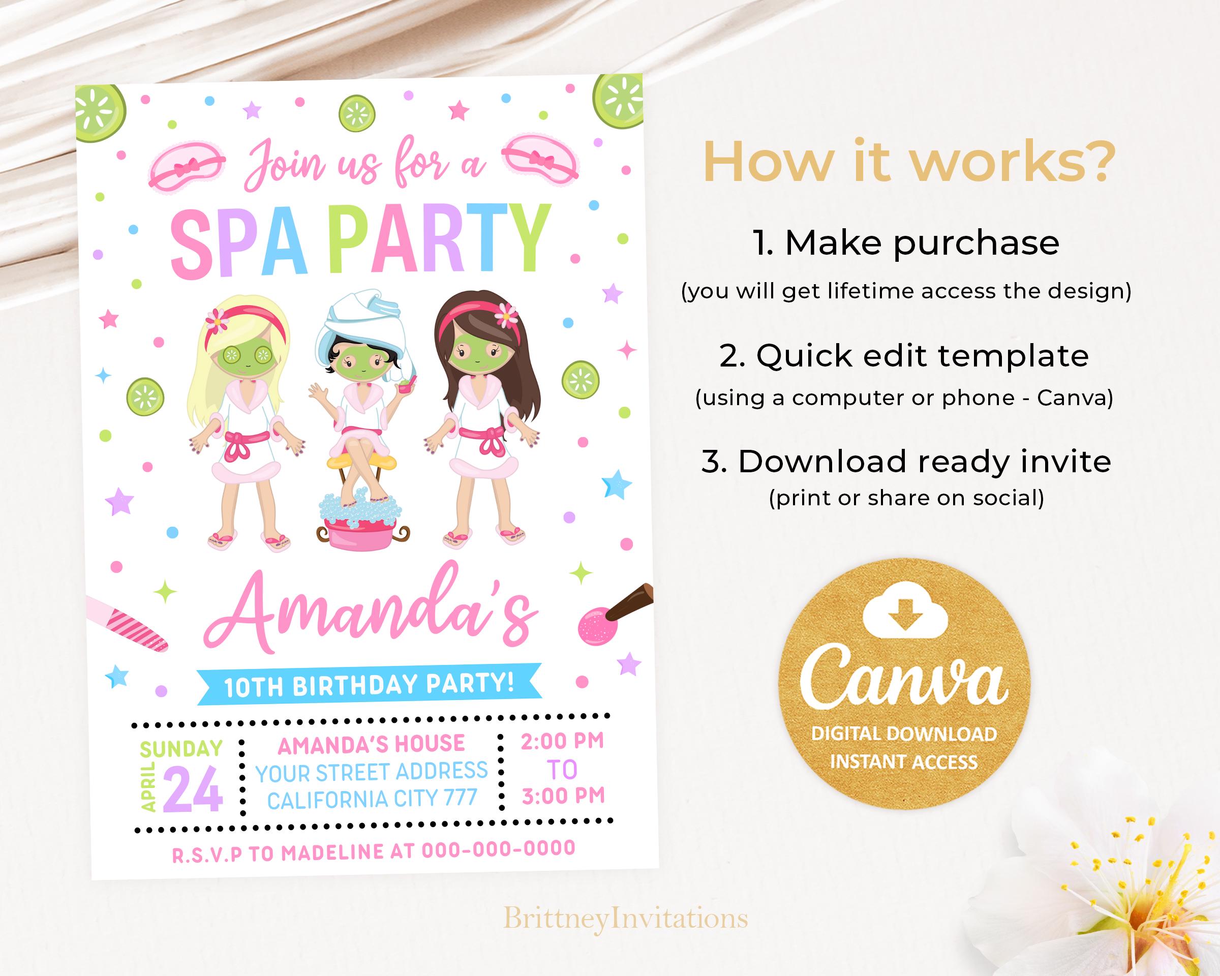 Editable Spa Party Invitation, Spa Birthday Invitation, Girl Spa ...