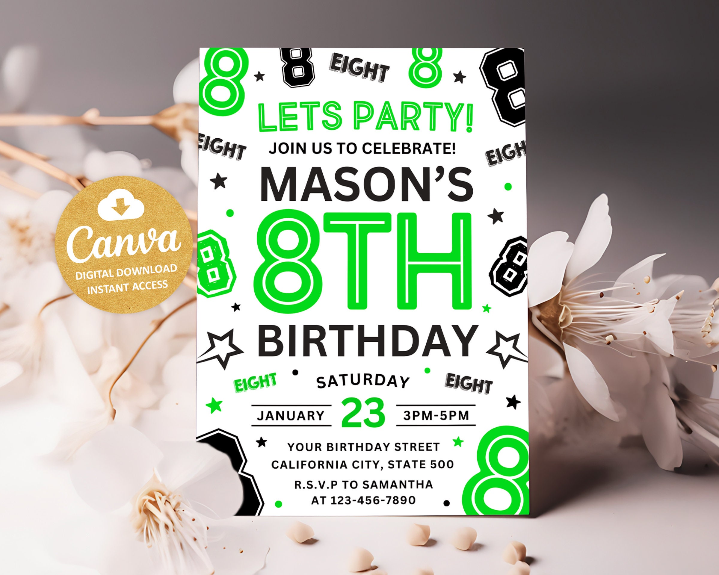 Editable Boy 8th Birthday Invitation, 8th Birthday Invitation, Boy 8th ...