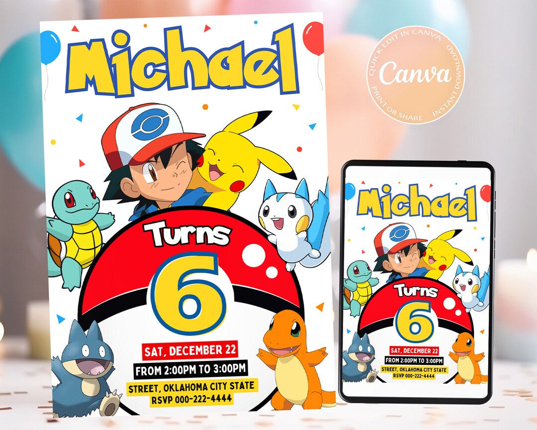 Invitación de cumpleaños editable de Pokémon, invitación de Pokémon ...