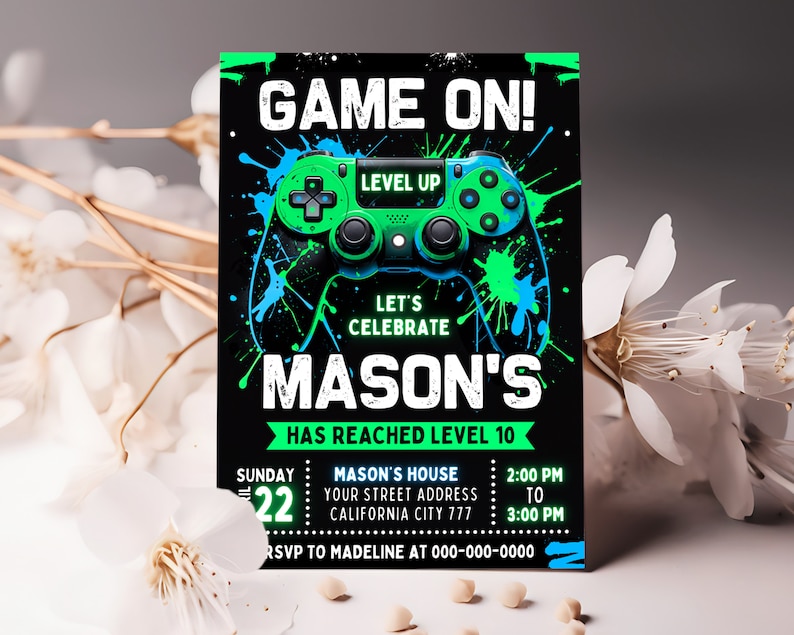 Editable Video Game Birthday Invitation, Video Game Invitation, Neon ...