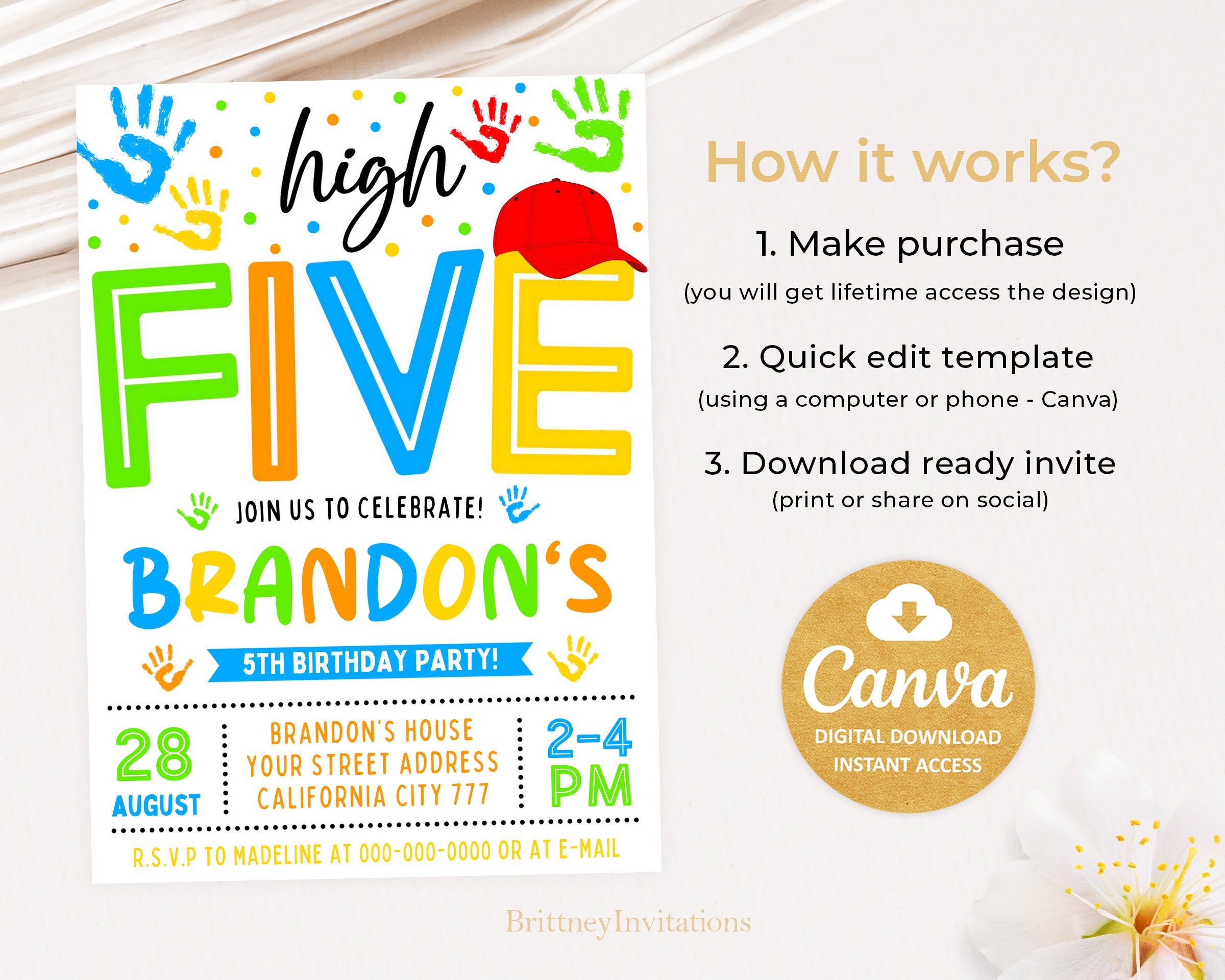 Editable High Five Birthday Invitation, Hi Five Invitation, Boys 5th ...