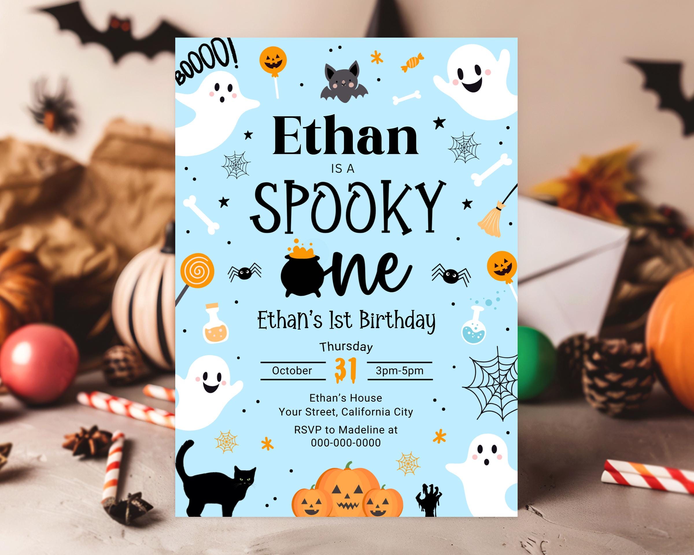 Spooky One Halloween Birthday Invitation, Cute Boy Ghost First Birthday ...