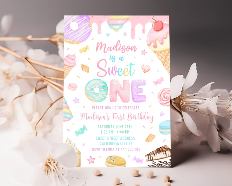 Sweet One Birthday Invitation, 1st Birthday Girl Invitation Pastel ...