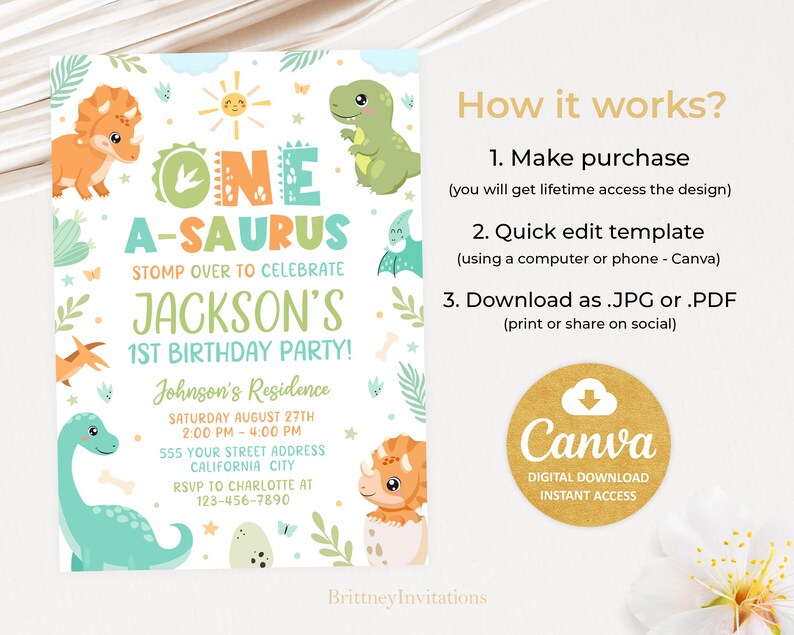 Dinosaur Birthday Invitation, One-a-saurus Birthday Boy Invitation ...
