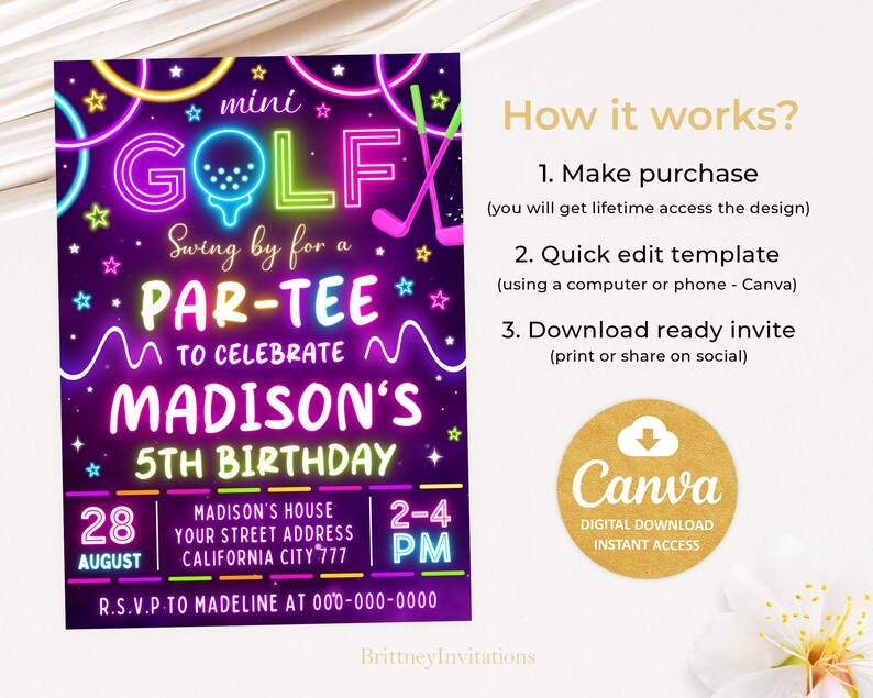 Editable Mini Golf Birthday Invitation, Mini Golf Invitation, Neon Mini ...
