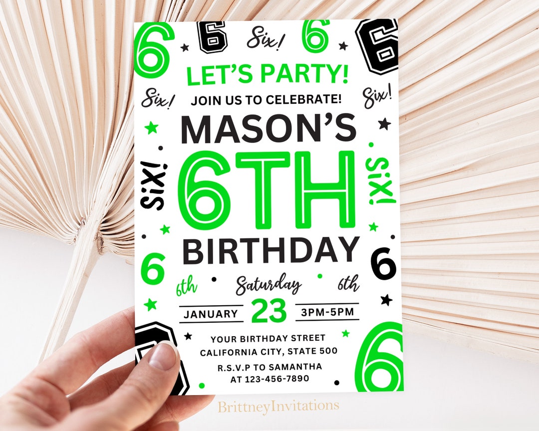 Boy 6th Birthday Invitation, 6th Birthday Invitation, Boy 6th Birthday ...