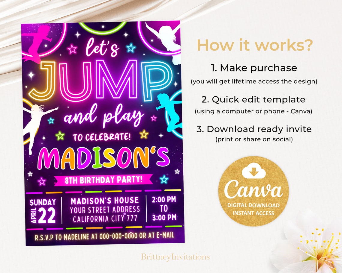 Editable Jump Birthday Invitation, Jump Invitation, Trampoline Birthday ...