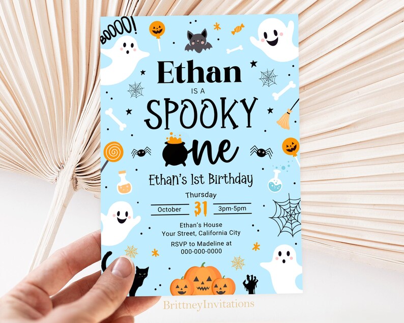 Spooky One Halloween Birthday Invitation, Cute Boy Ghost First Birthday ...