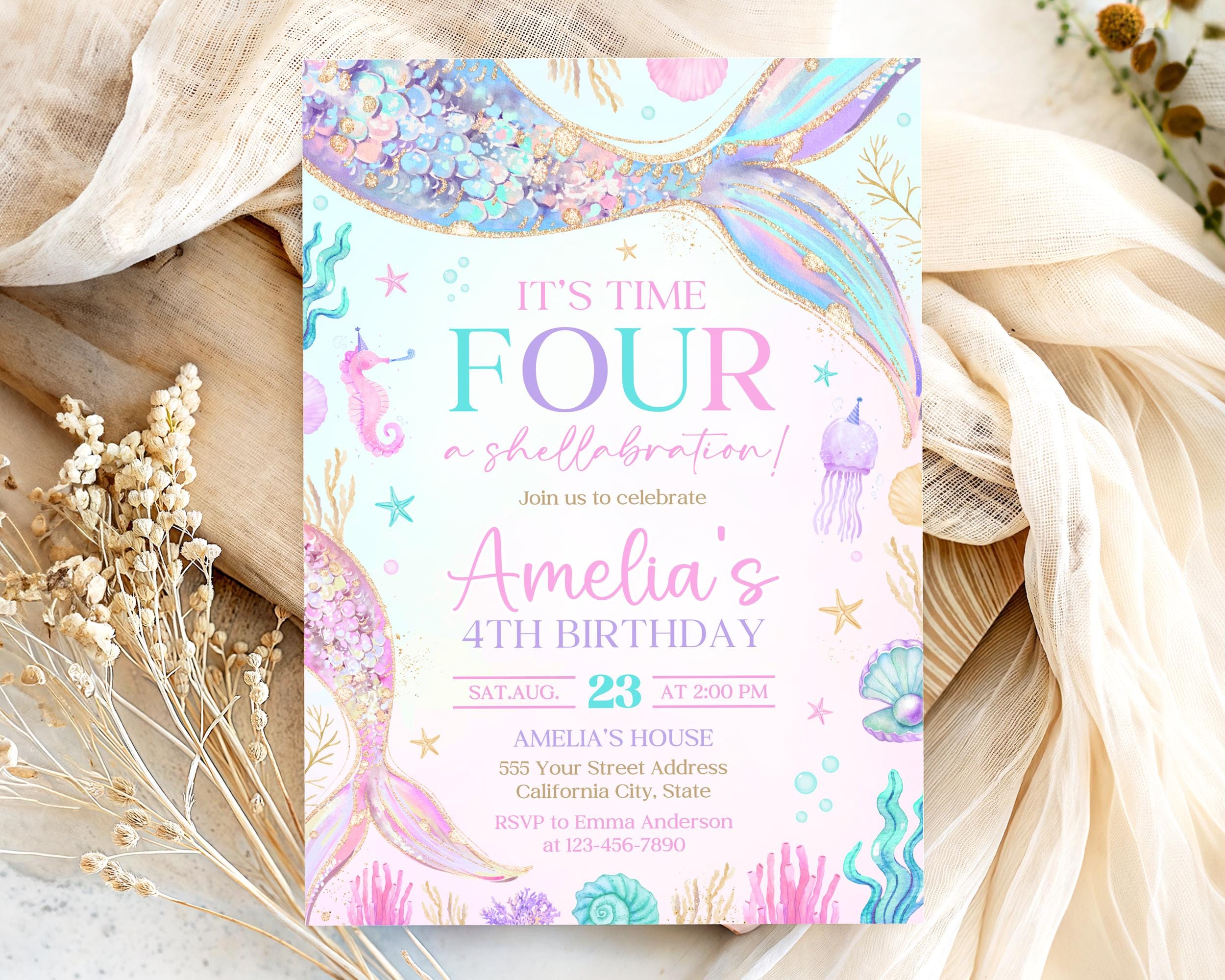 Mermaid Four Birthday Invitation, Mermaid Invitation, Mermaid Bash ...