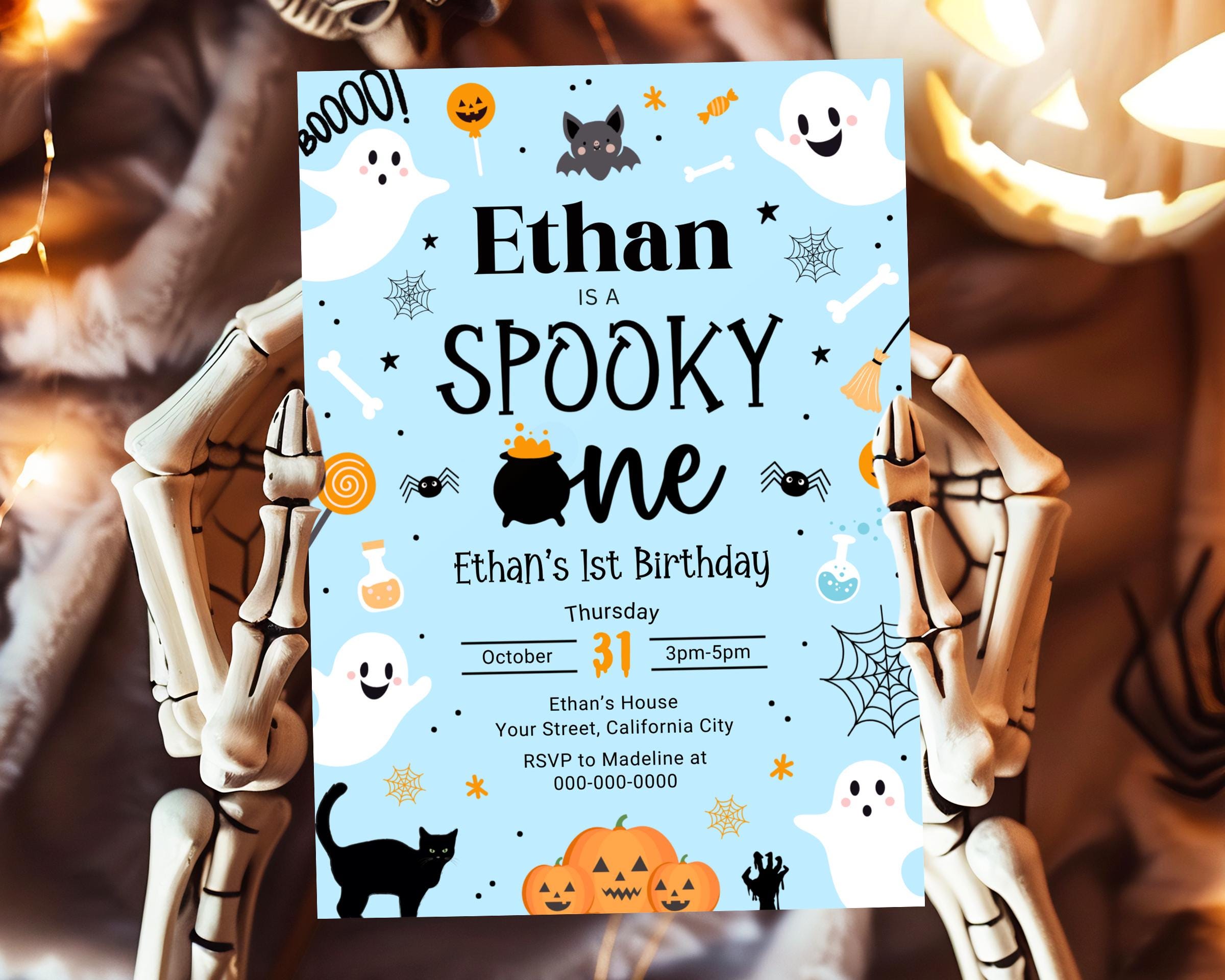 Spooky One Halloween Birthday Invitation, Cute Boy Ghost First Birthday ...