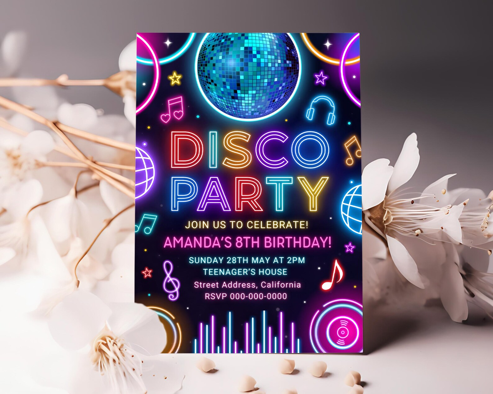 Disco Party Birthday Invitation, Neon Disco Party Invitation, Glow ...