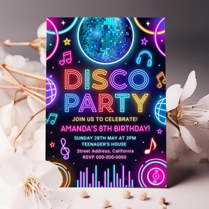 Disco Party Birthday Invitation, Neon Disco Party Invitation, Glow ...
