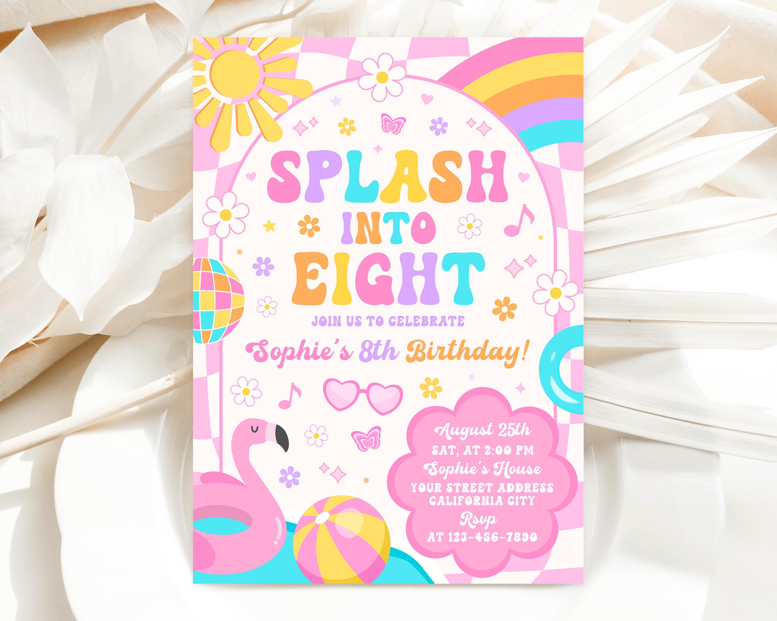 Editable Splash Into Eight Pool Party Invitation, Groovy 8th Birthday ...