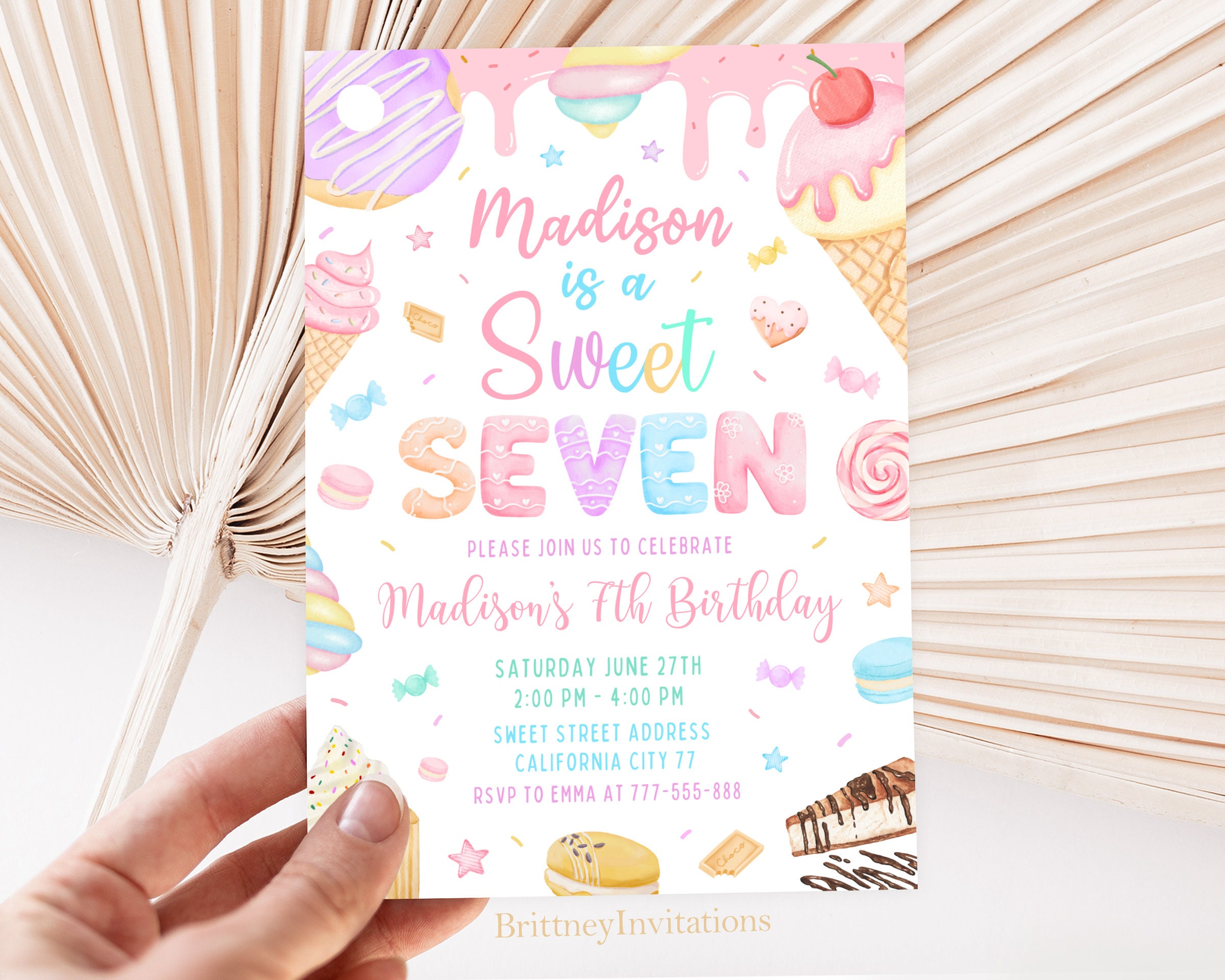 Sweet Seven Birthday Invitation, 7th Birthday Girl Invitation, Seven ...