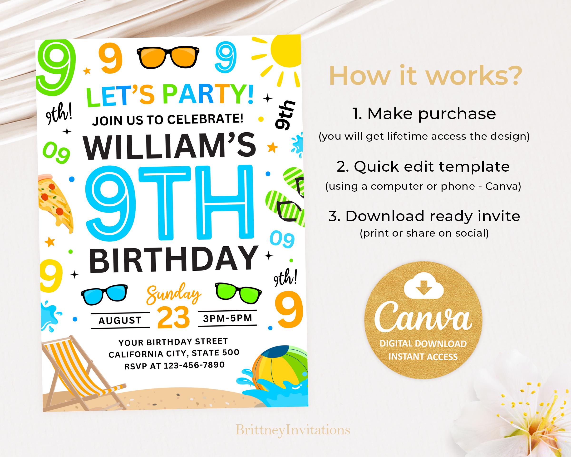 Boy 9th Birthday Invitation, Summer 9th Birthday Invitation, Pool Party ...