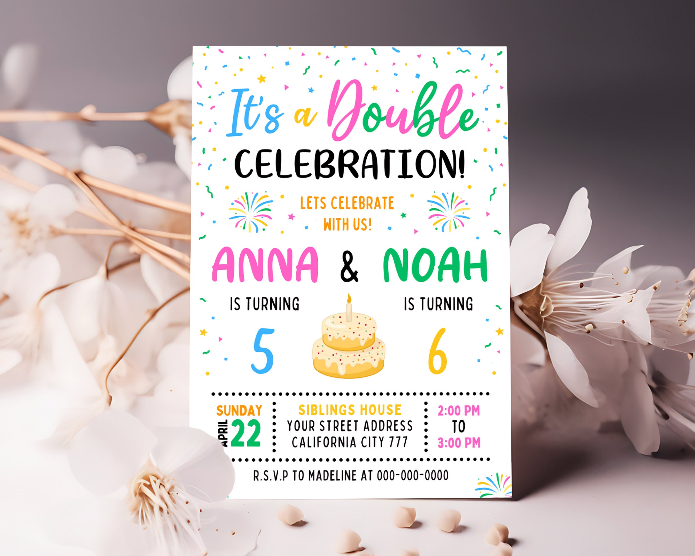 Editable Sibling Birthday Invitation, Double Birthday Invitation ...
