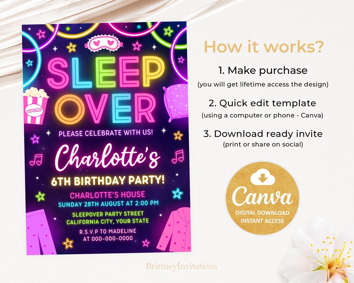 Editable Sleepover Birthday Invitation, Slumber Party Invitation ...