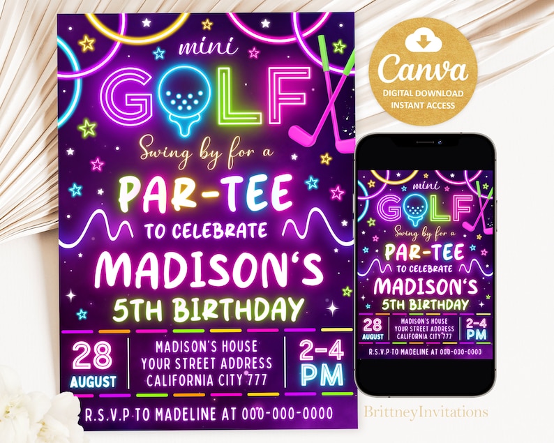 Editable Mini Golf Birthday Invitation, Mini Golf Invitation, Neon Mini ...