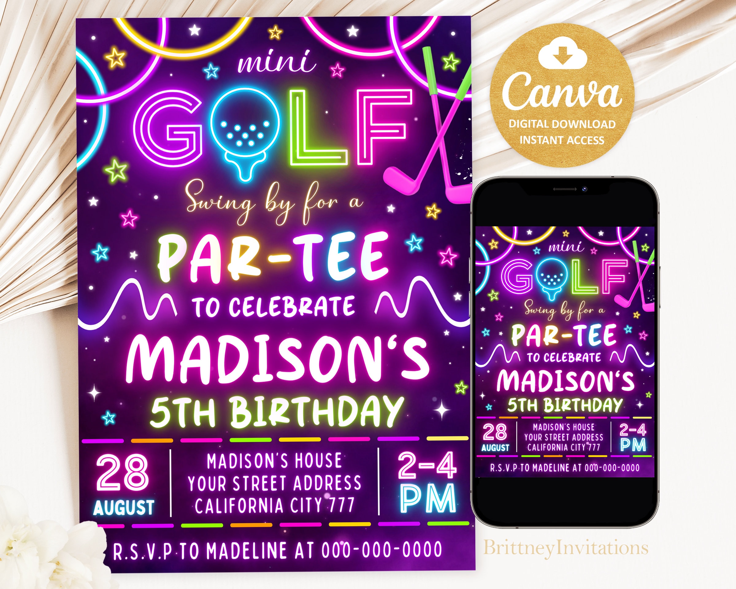 Editable Mini Golf Birthday Invitation, Mini Golf Invitation, Neon Mini ...