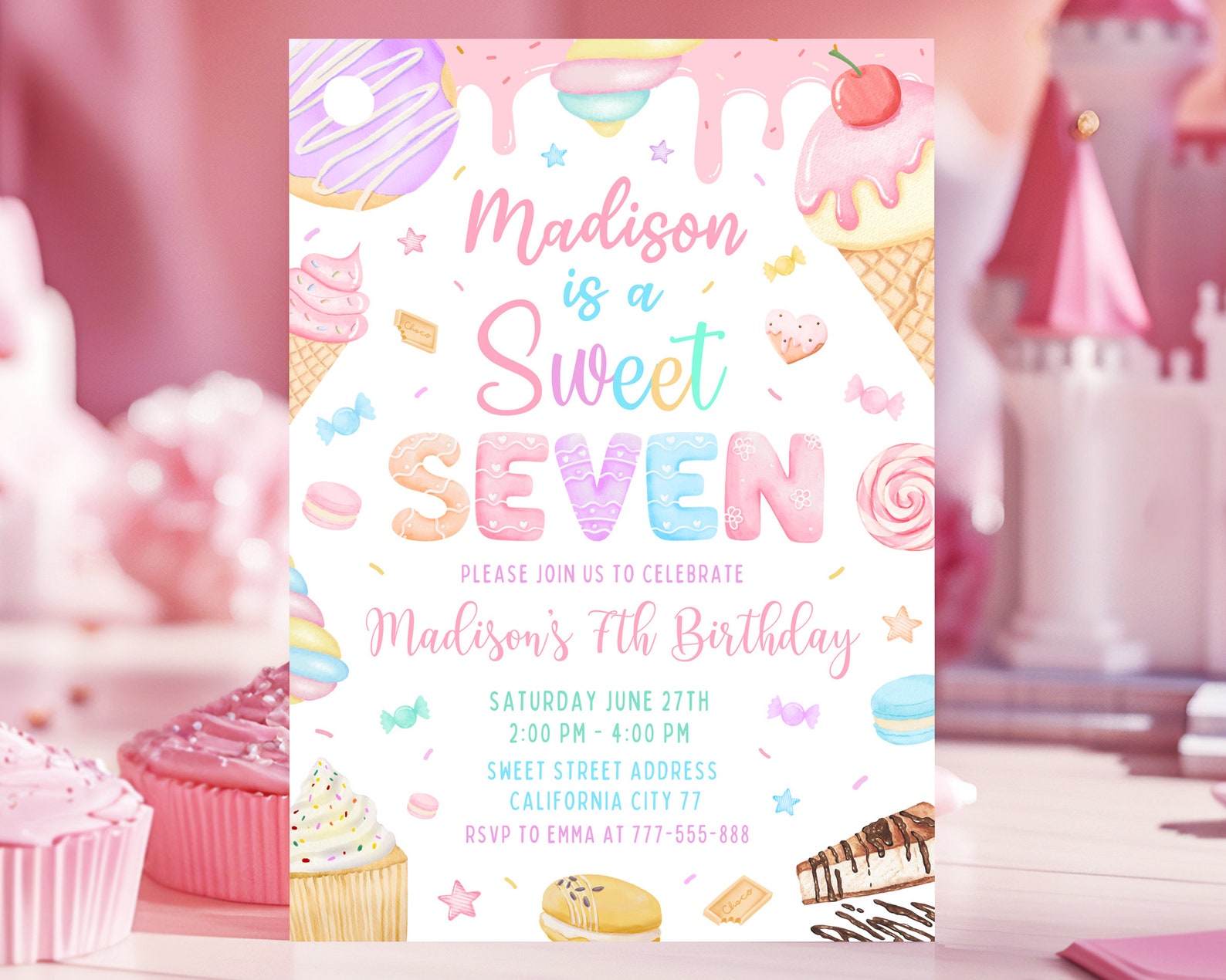 Sweet Seven Birthday Invitation, 7th Birthday Girl Invitation, Seven ...