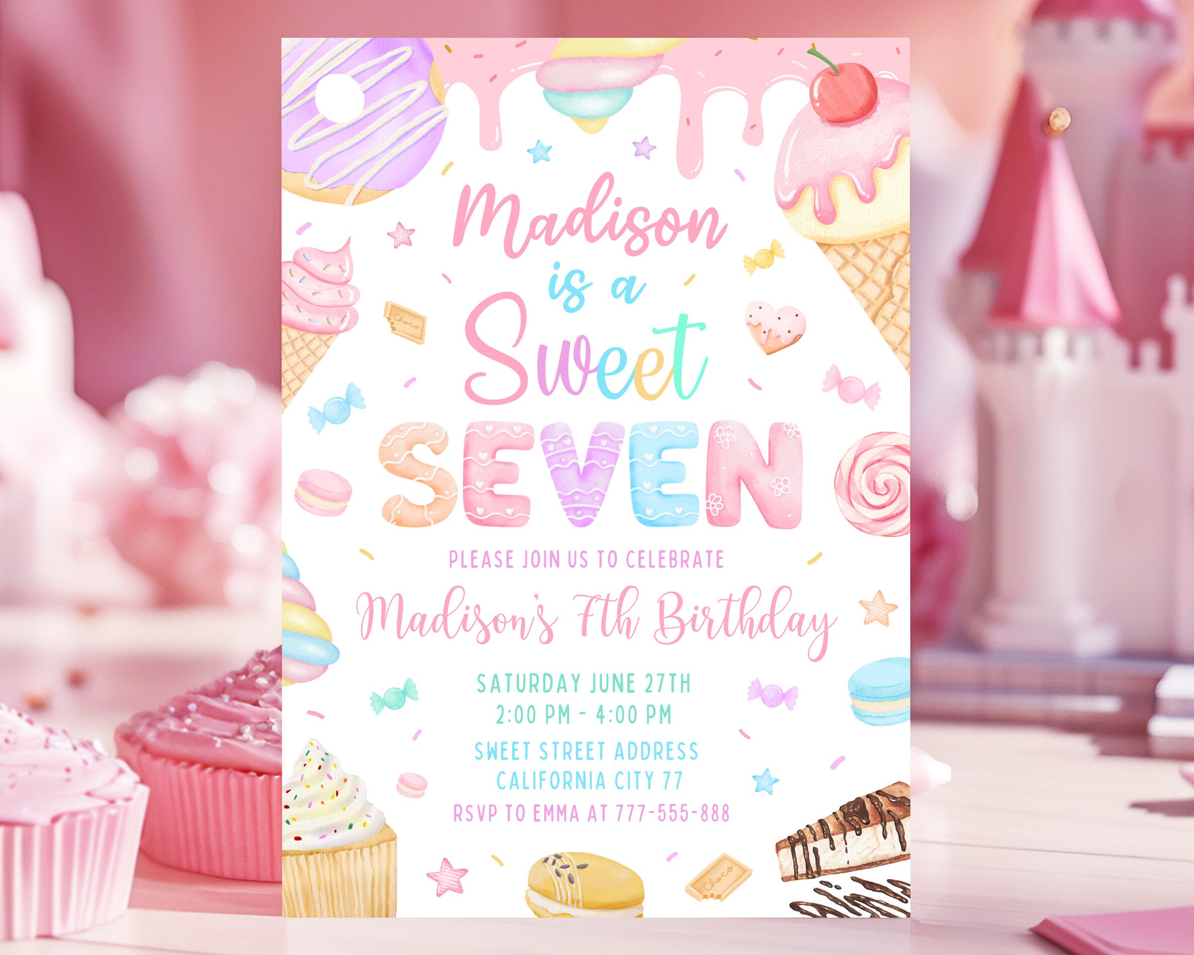 Sweet Seven Birthday Invitation, 7th Birthday Girl Invitation, Seven ...