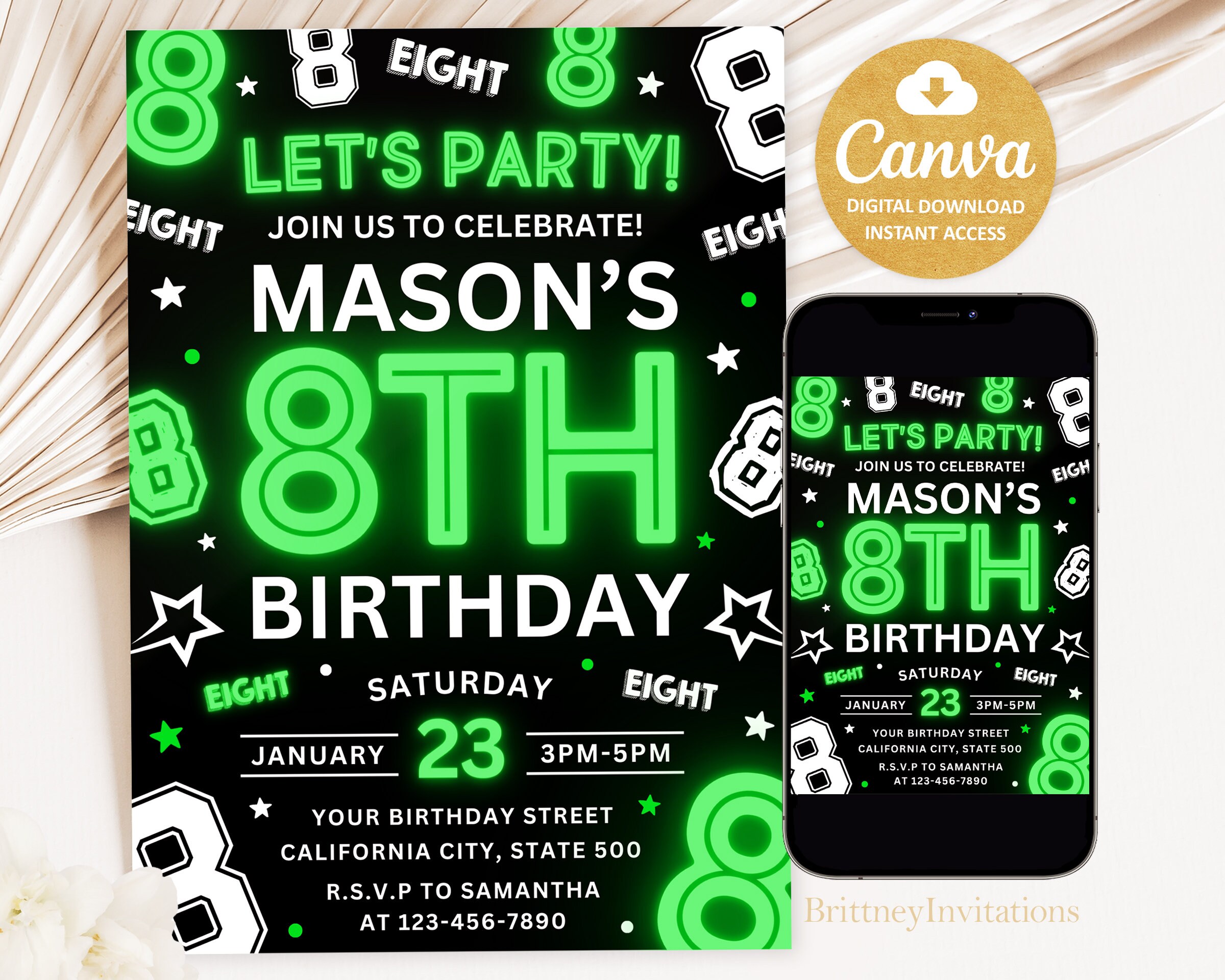 Editable Boy 8th Birthday Invitation, 8th Birthday Invitation, Boy 8th ...