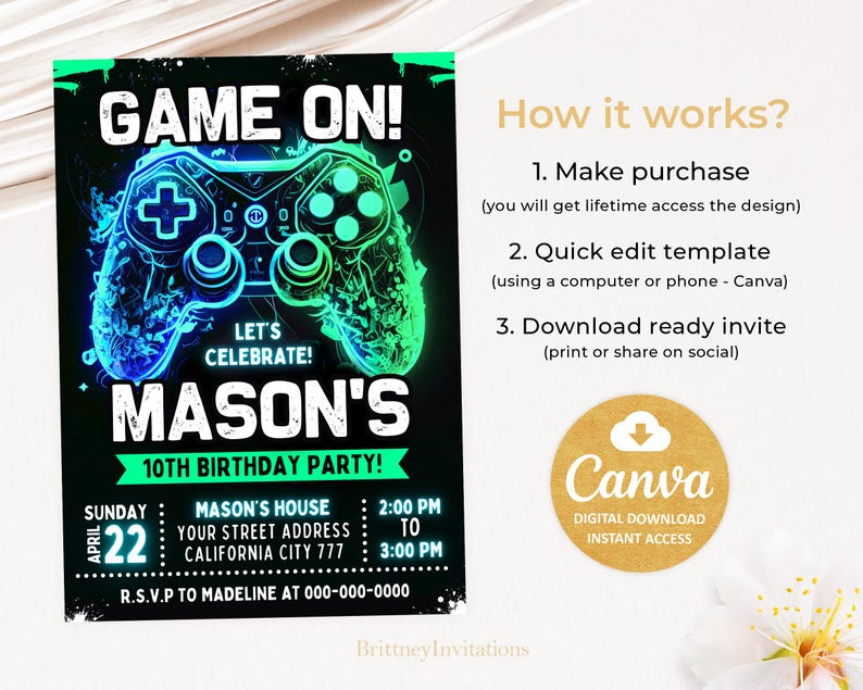 Editable Video Game Birthday Invitation, Video Game Invitation, Neon ...