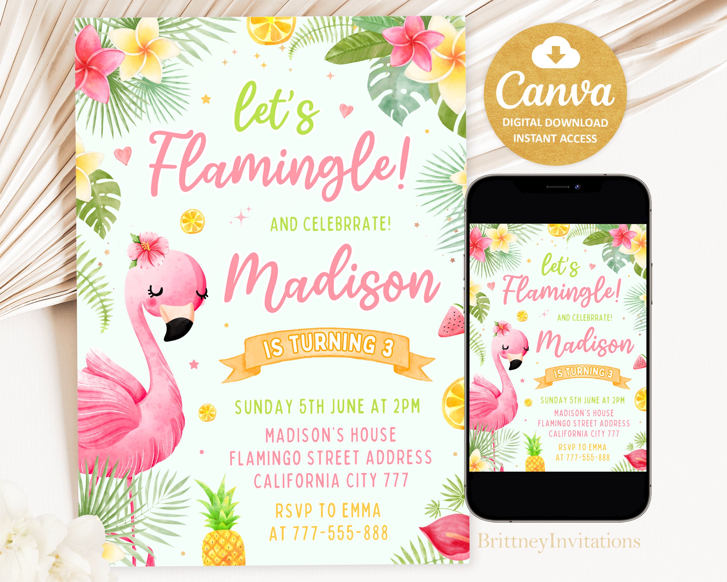 Editable Flamingo Birthday Invitation, Let's Flamingle Invitation ...