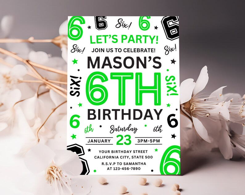 Boy 6th Birthday Invitation, 6th Birthday Invitation, Boy 6th Birthday ...