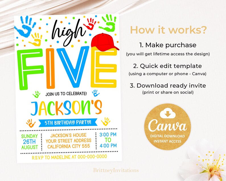 Editable High Five Birthday Invitation, Hi Five Invitation, Boys 5th ...