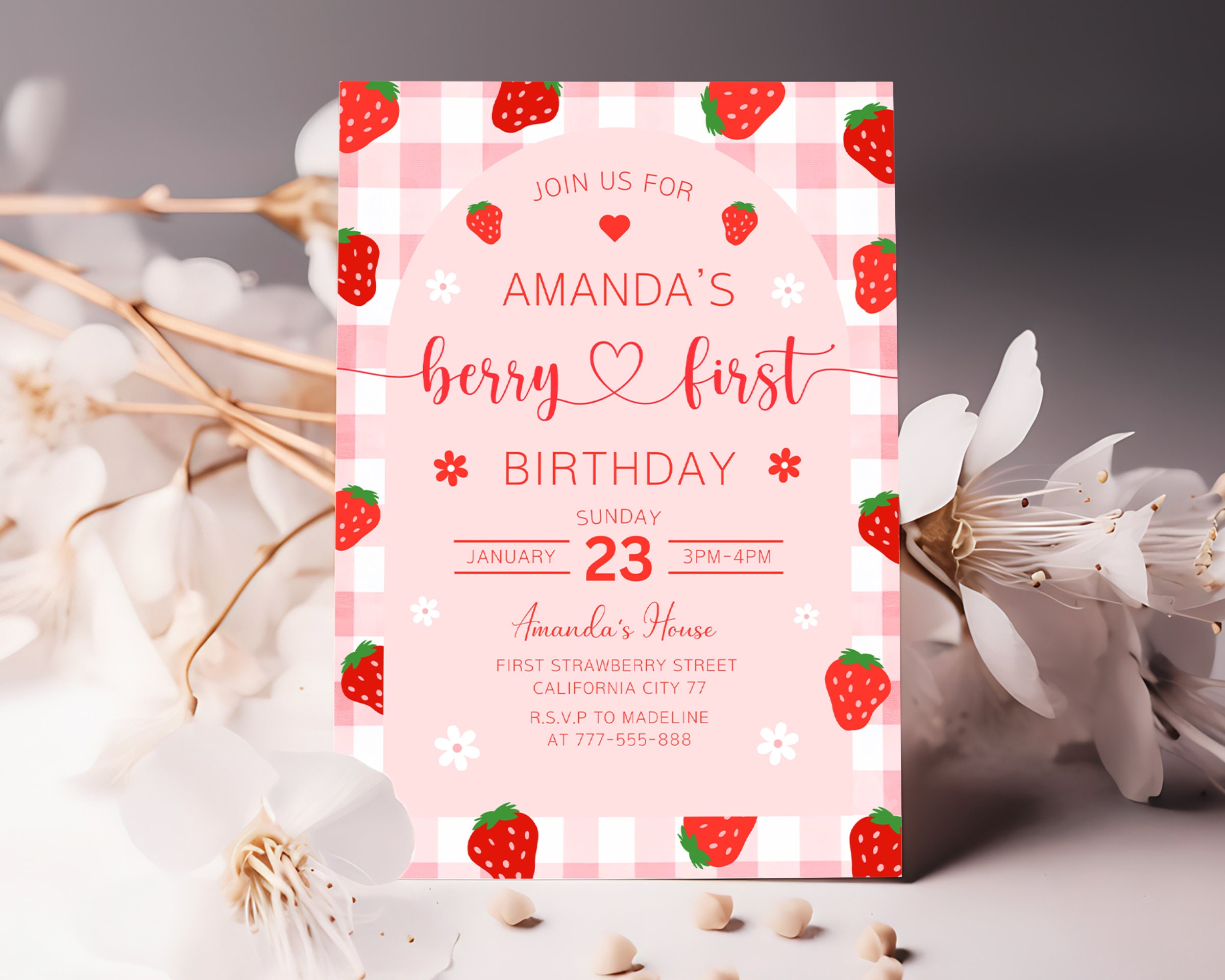 Berry First Birthday Invitation, Berry First Invitation, Strawberry 1st ...
