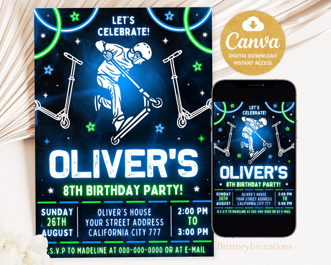 Editable Scooter Skating Birthday Invitation, Scooter Skating ...