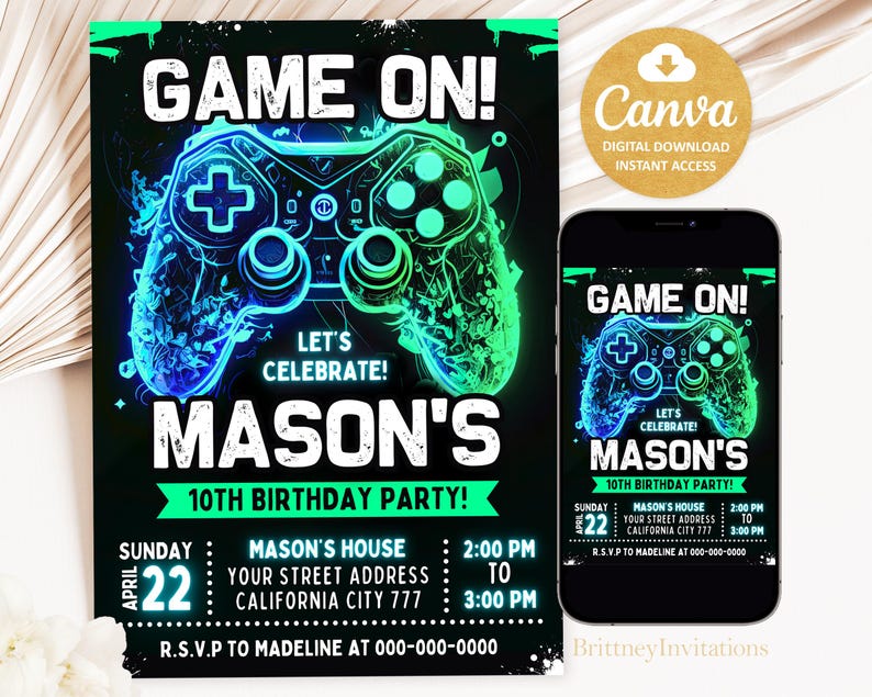 Editable Video Game Birthday Invitation, Video Game Invitation, Neon ...