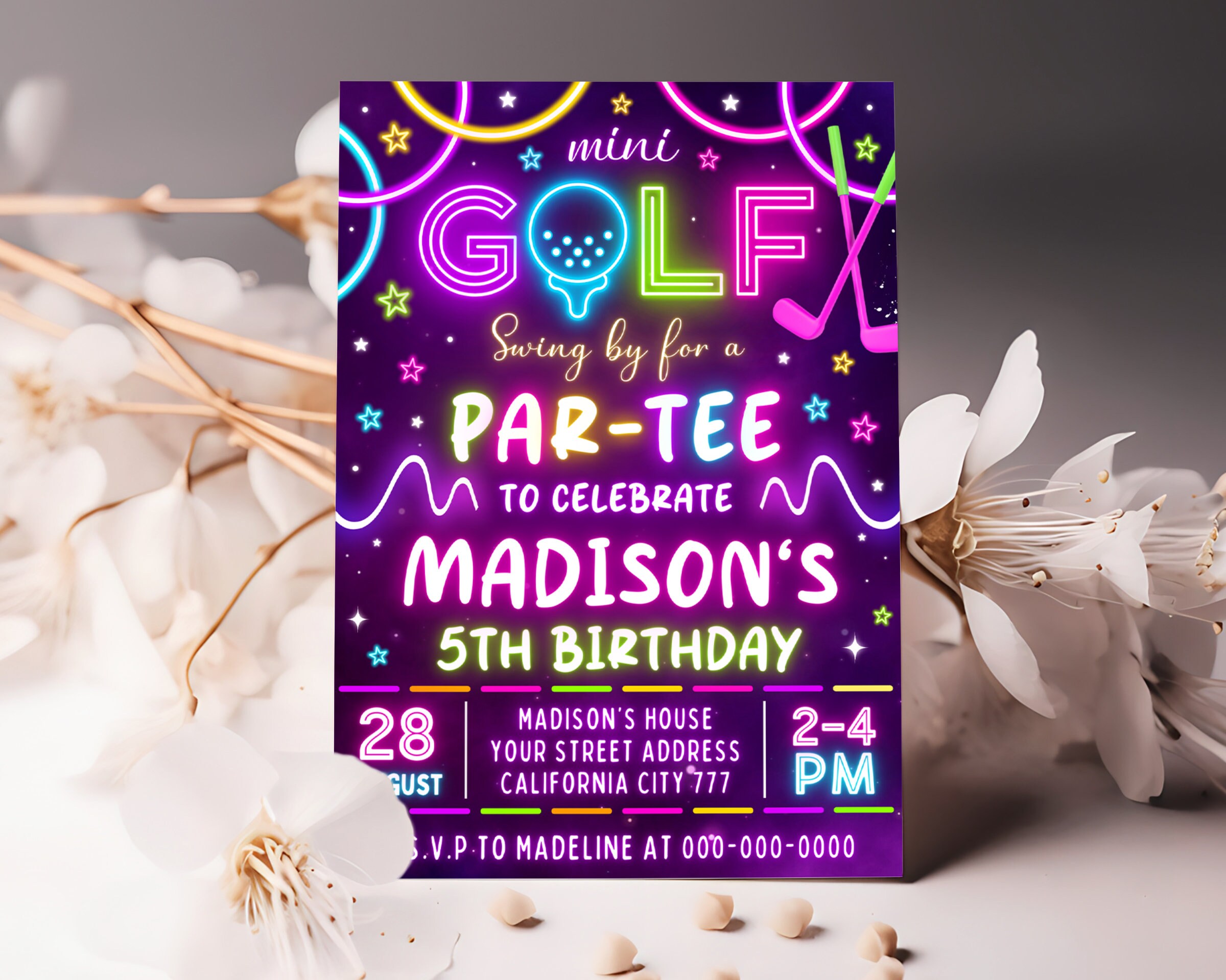 Editable Mini Golf Birthday Invitation, Mini Golf Invitation, Neon Mini ...