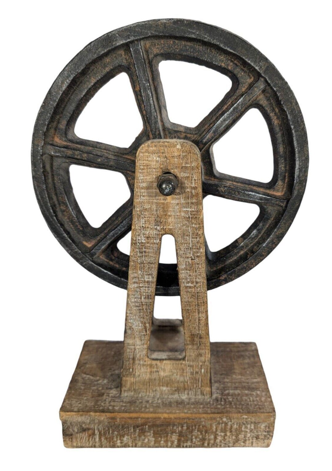 Vintage Metal Cast Iron Industrial Spinning Wheel Decor Pulley on Wood ...