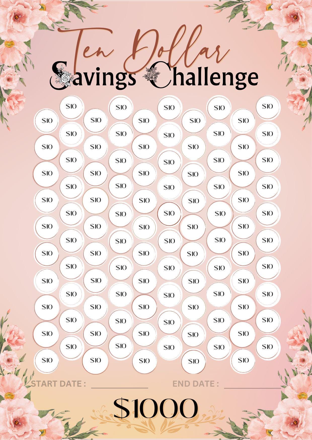 Ten Dollar Savings Challenge Tracker Printable - Etsy