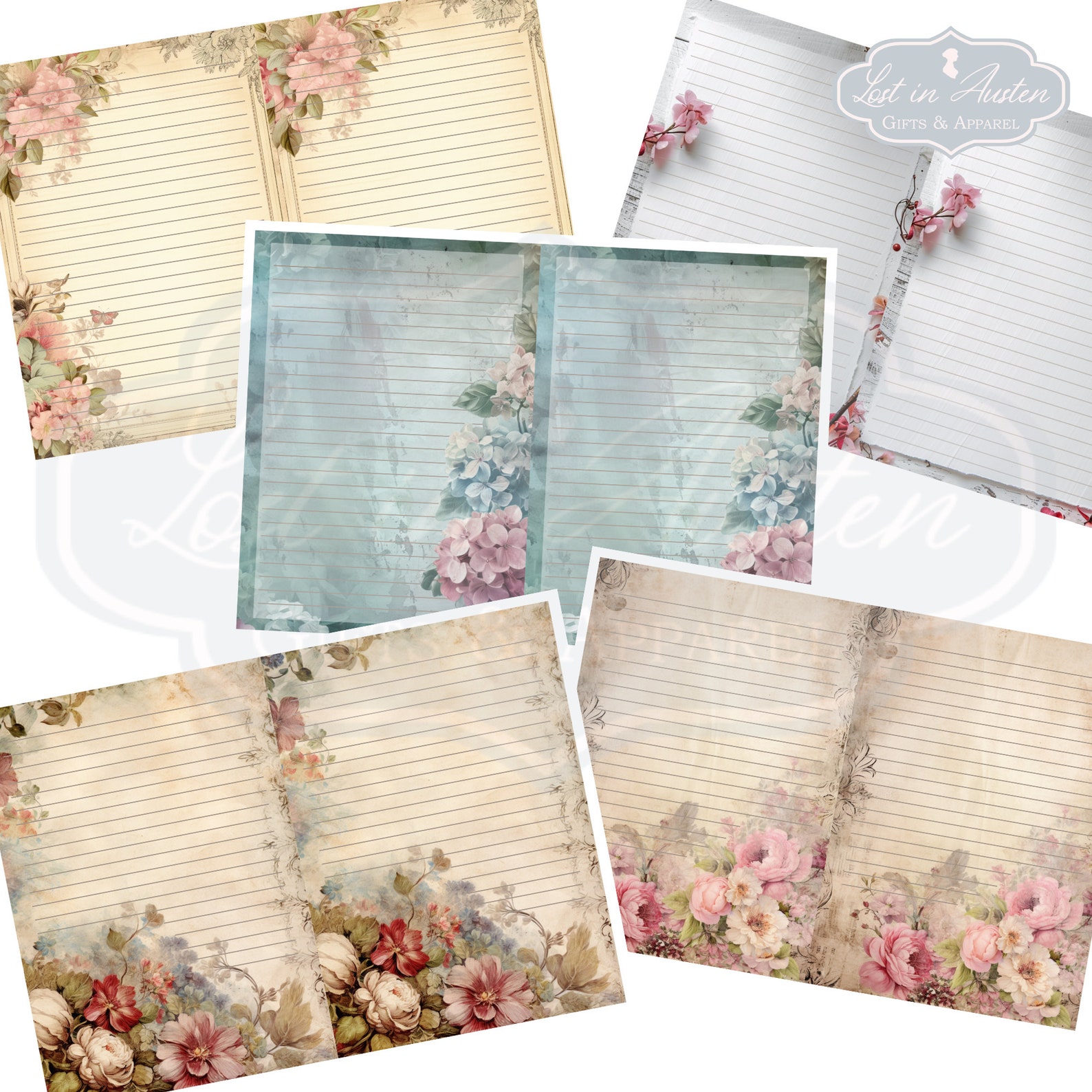 Jane Austen Regency Flowers Writing Paper, Lined Paper, Instant Digital ...