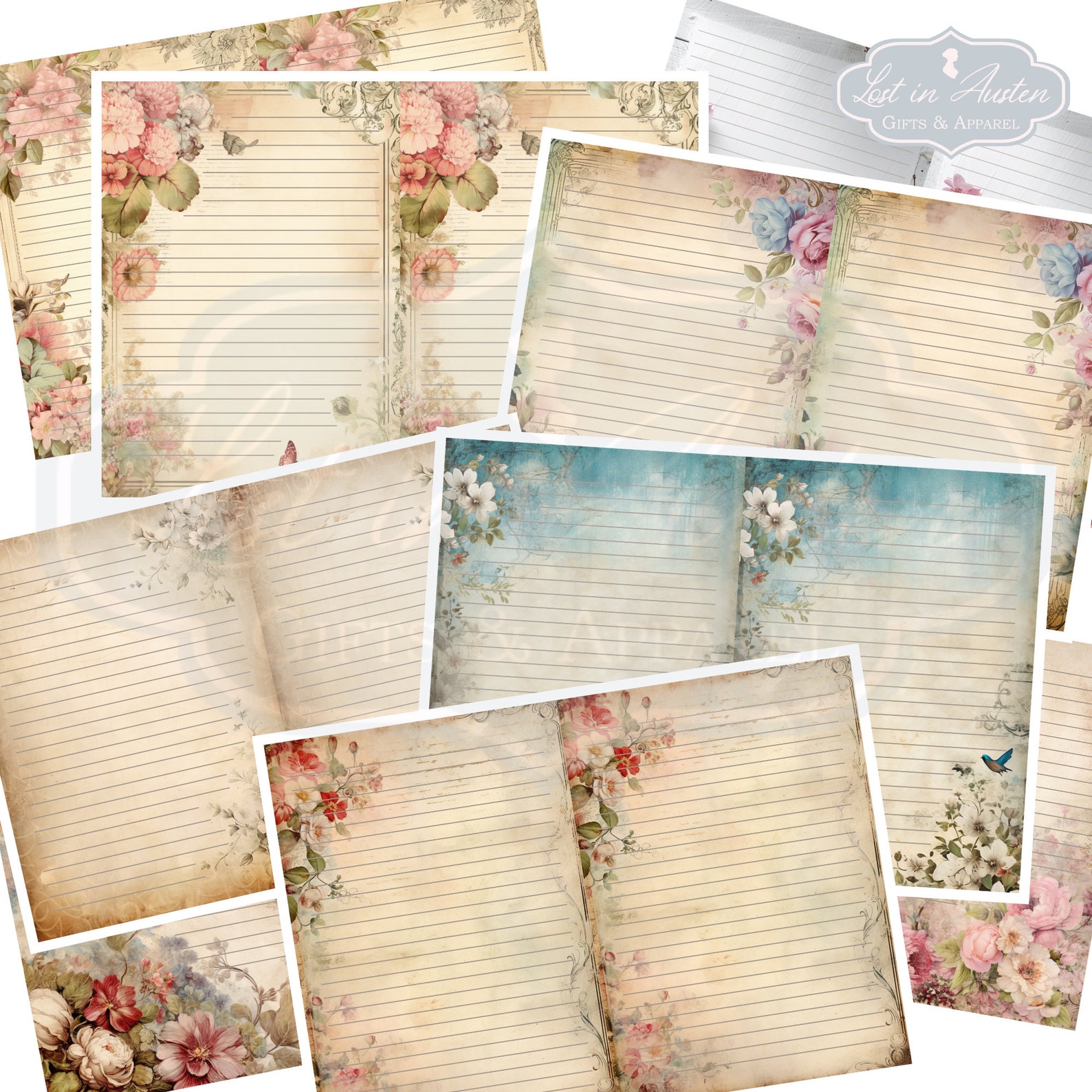 Jane Austen Regency Flowers Writing Paper, Lined Paper, Instant Digital ...