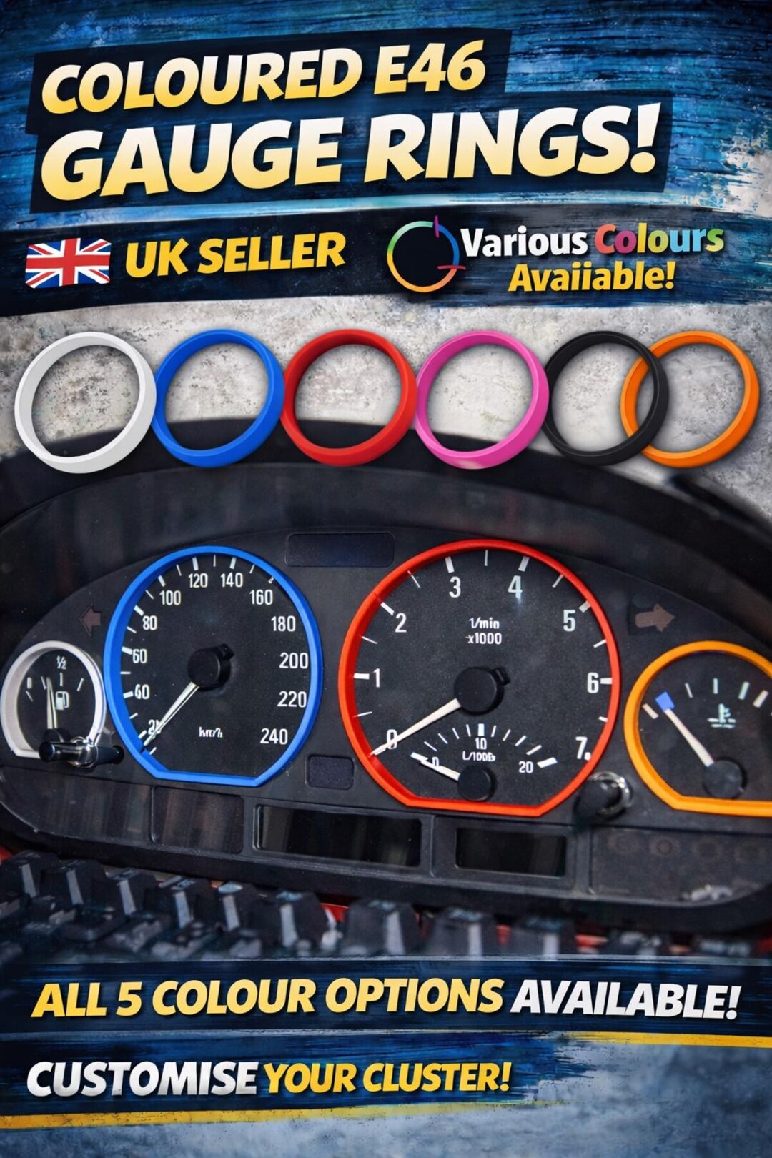 BMW E46 Coloured Gauge Rings – Custom Colours Available – Instrument ...