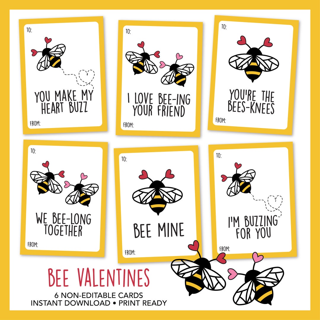 Bee Valentines Day Cards (set of 6) for Kids Classroom, Printable ...