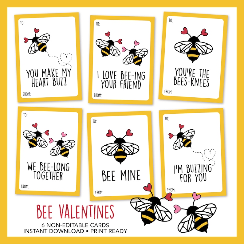 Bee Valentines Day Cards (set of 6) for Kids Classroom, Printable ...
