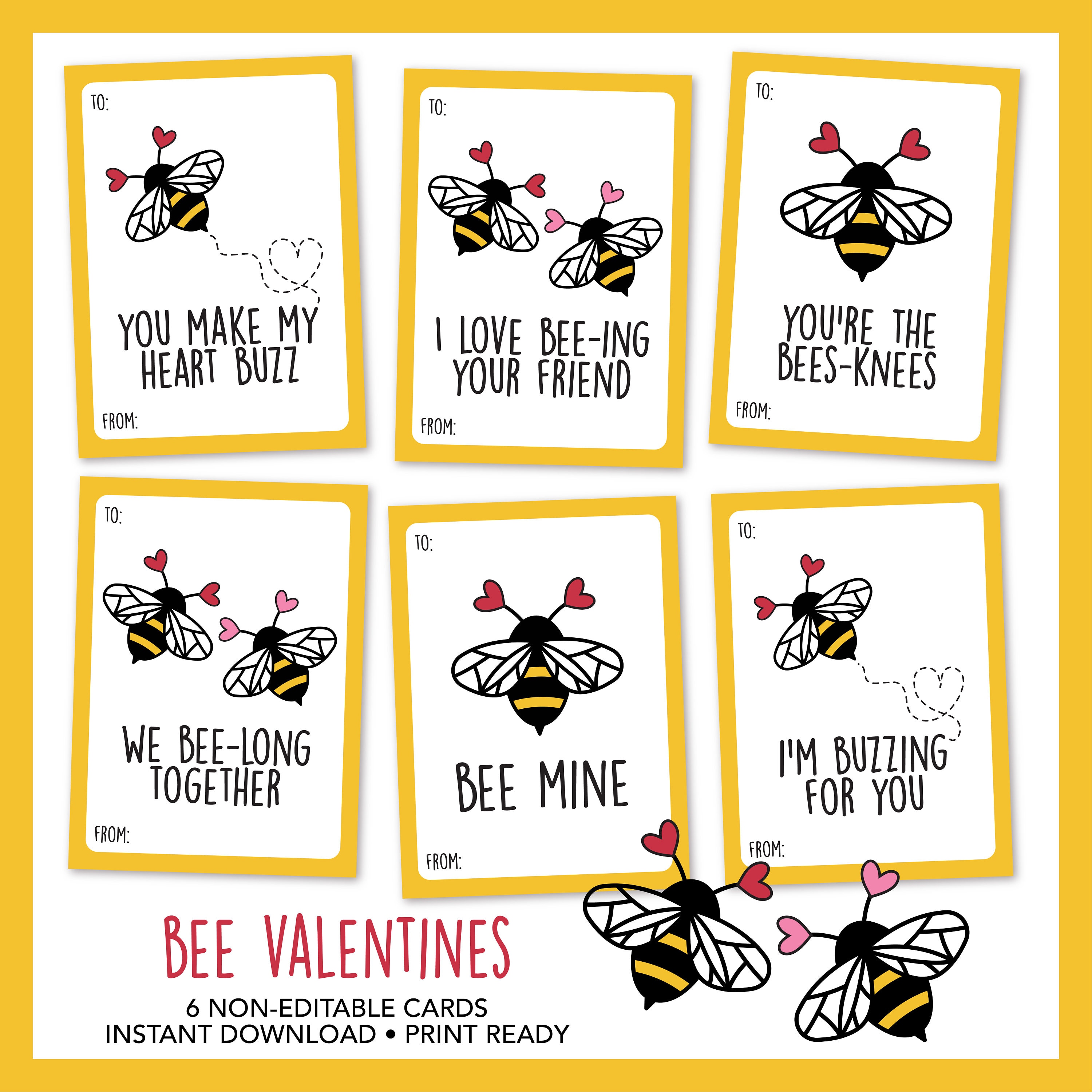 Bee Valentines Day Cards (set of 6) for Kids Classroom, Printable ...