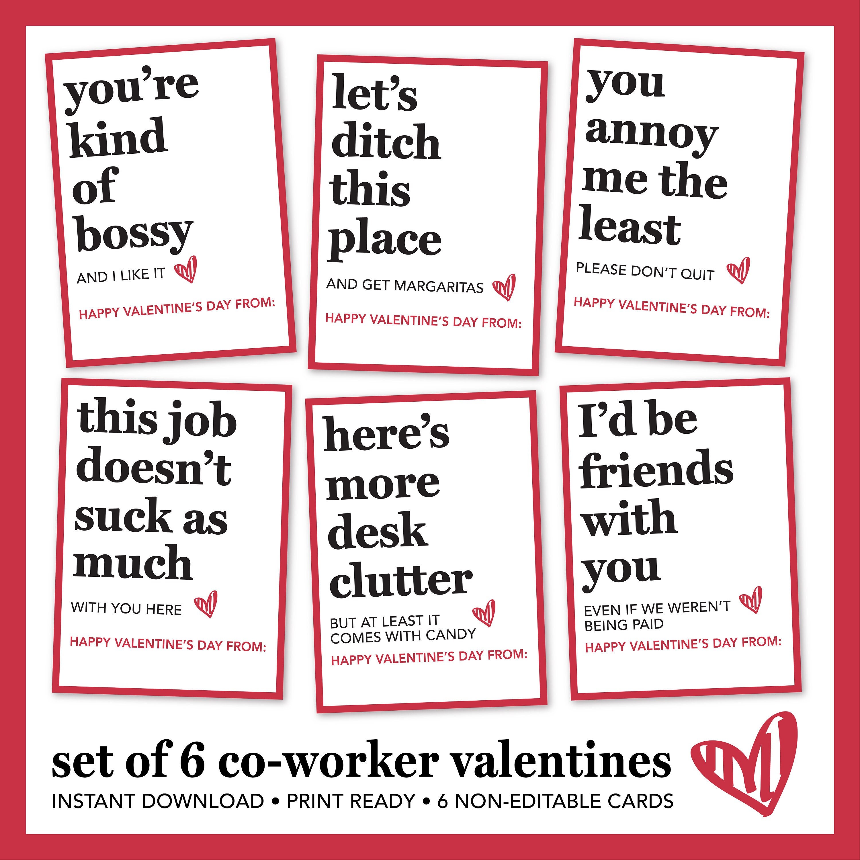 Co-worker Funny Valentines, Printable Funny Work Valentines (set of 6 ...