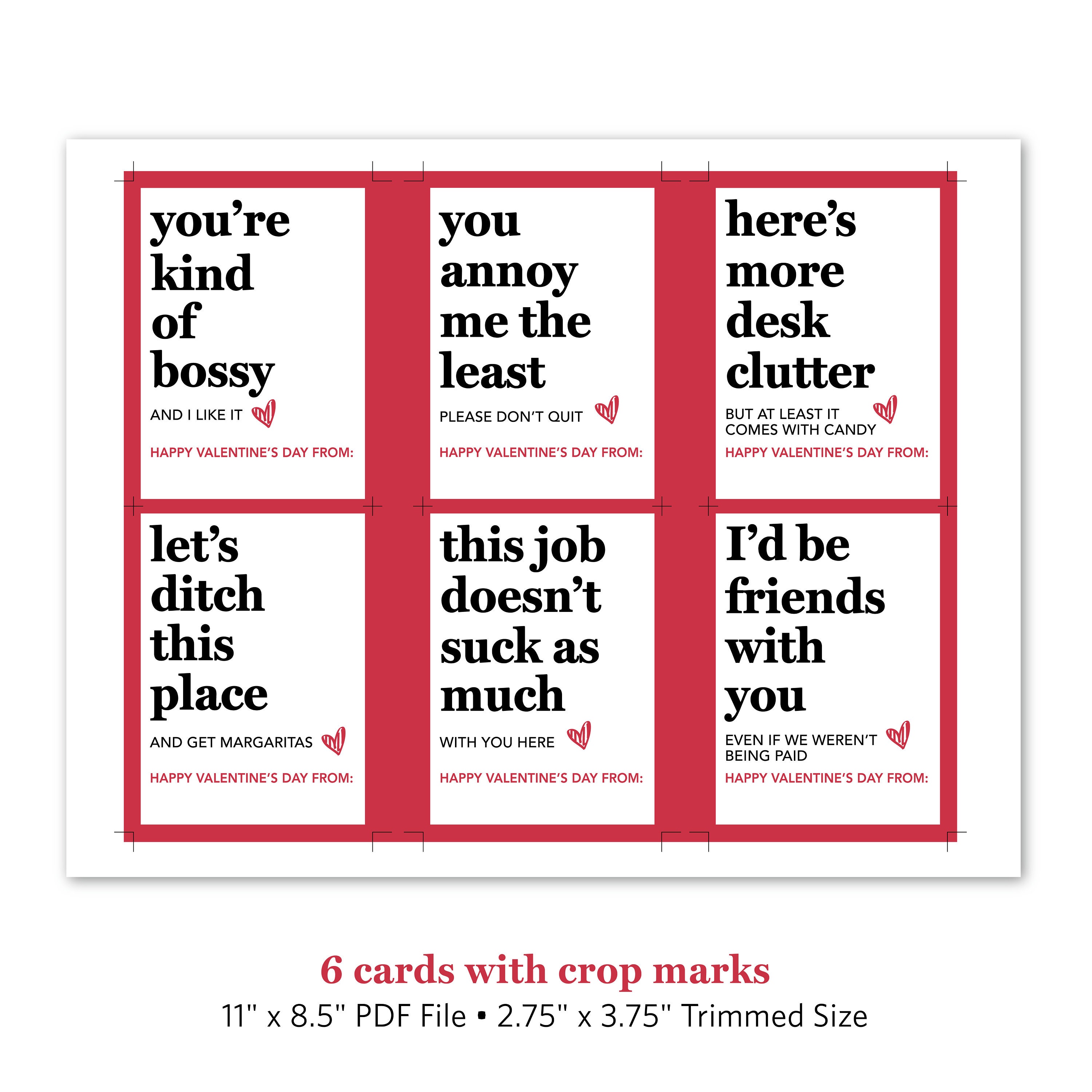 Co-worker Funny Valentines, Printable Funny Work Valentines (set of 6 ...