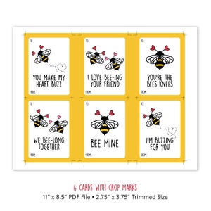 Bee Valentines Day Cards (set of 6) for Kids Classroom, Printable ...