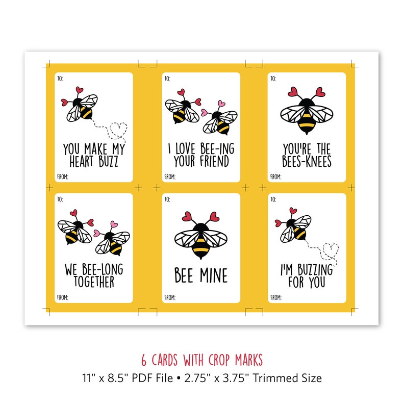 Bee Valentines Day Cards (set of 6) for Kids Classroom, Printable ...