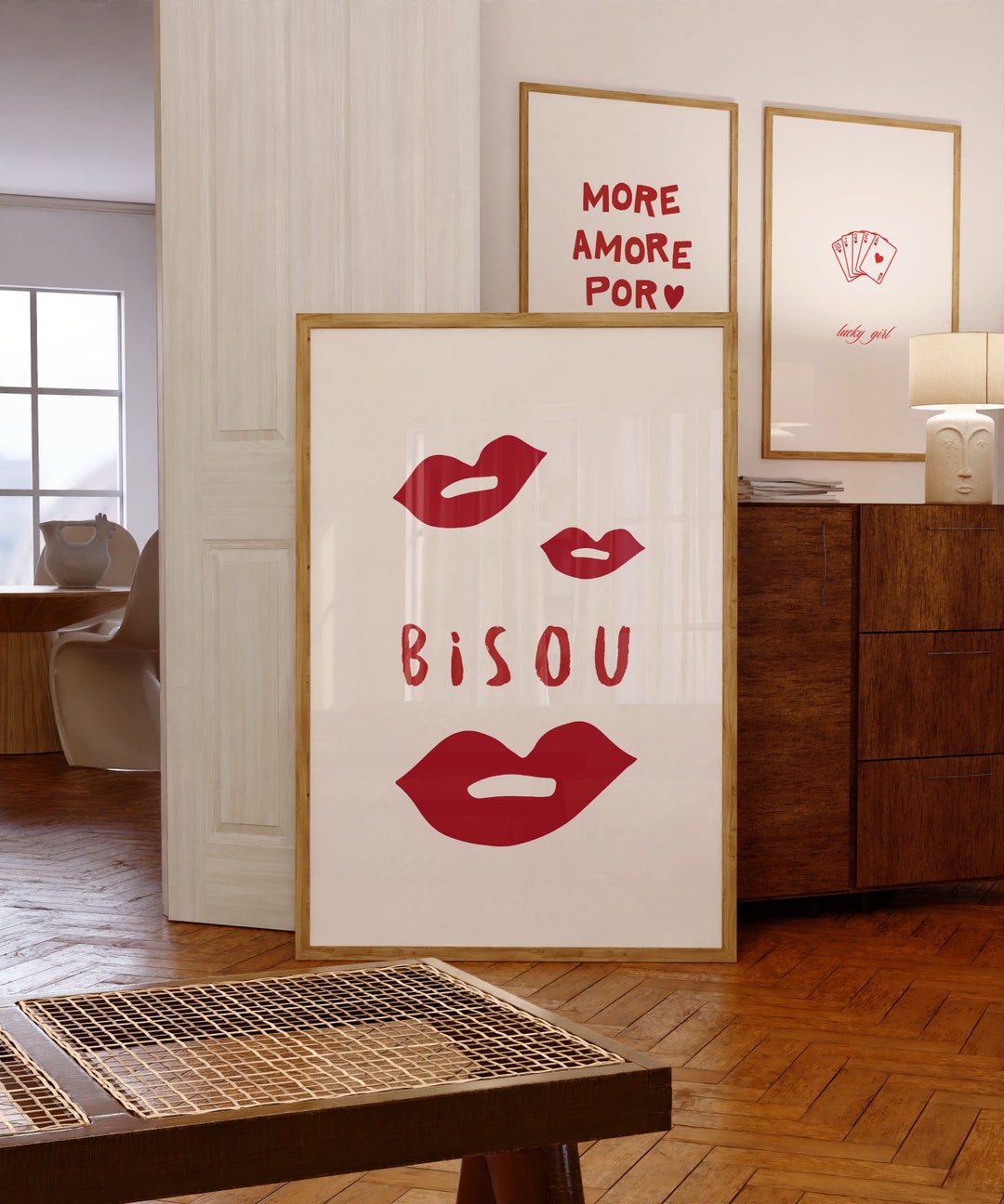 Bisou, Kiss Red Lips, Love, Girly Valentines Day Digital Poster Print, Retro Wall Art - Etsy