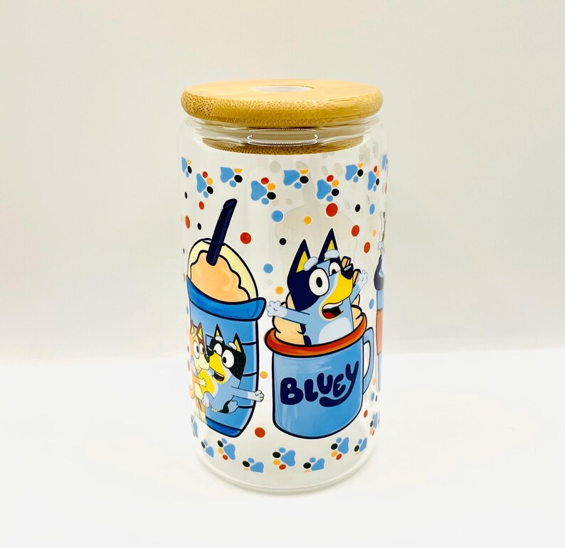 Bluey and Bingo Glass Tumbler With Straw and Bamboo Lid 16oz Approx ...